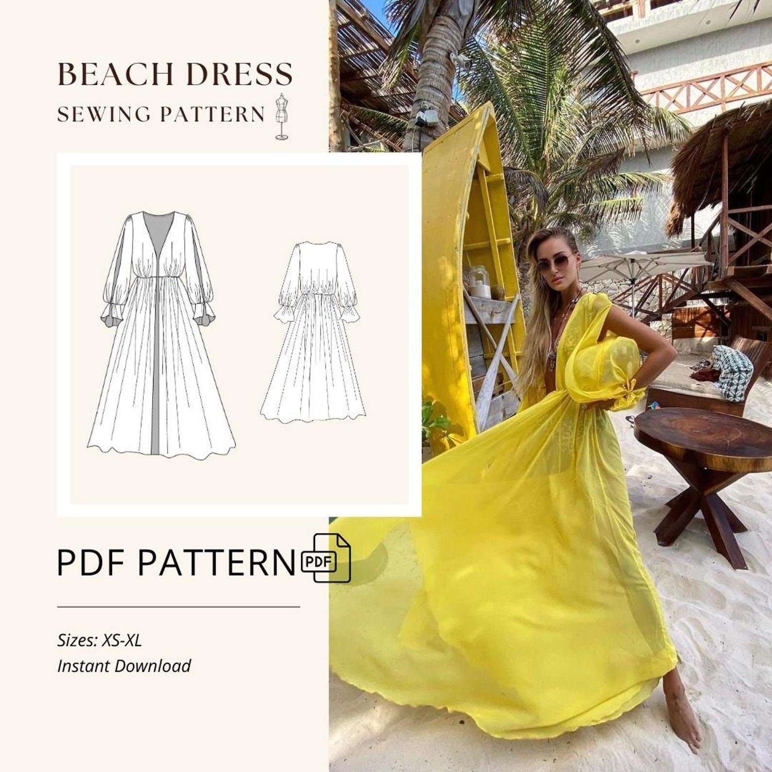 Flowy Beach Dress Sewing Pattern, Womens Maxi Cover-up PDF Pattern, DIY ...
