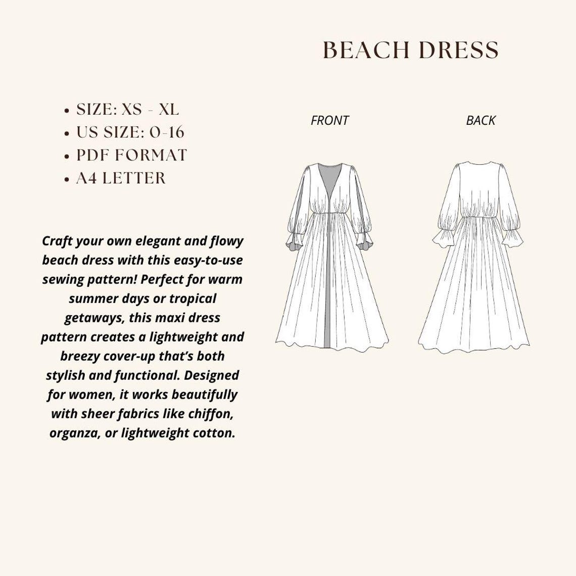 Flowy Beach Dress Sewing Pattern, Womens Maxi Cover-up PDF Pattern, DIY ...