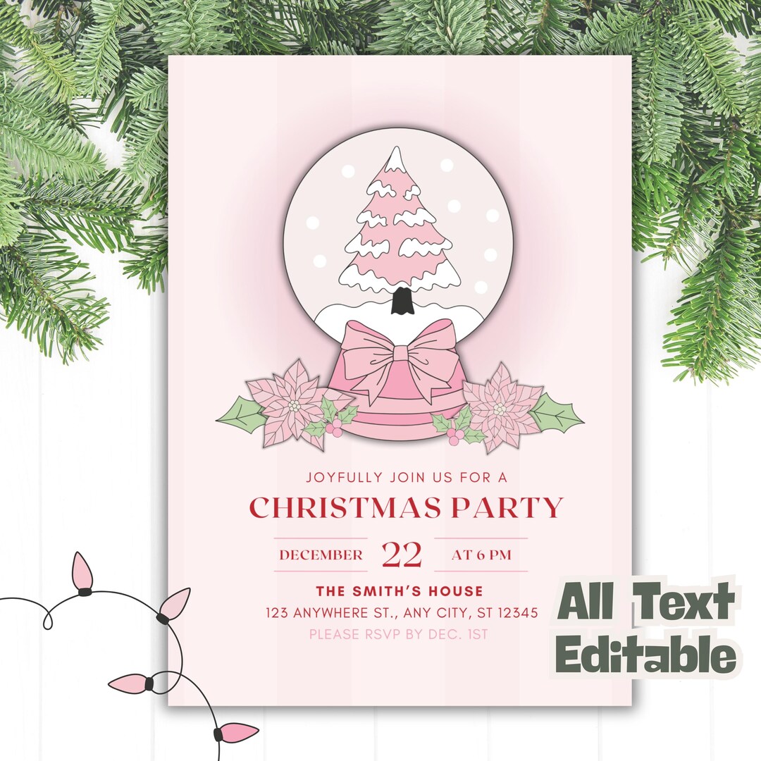Snow Globe Christmas Party Invitation, Pink Whimsical Design (instant ...