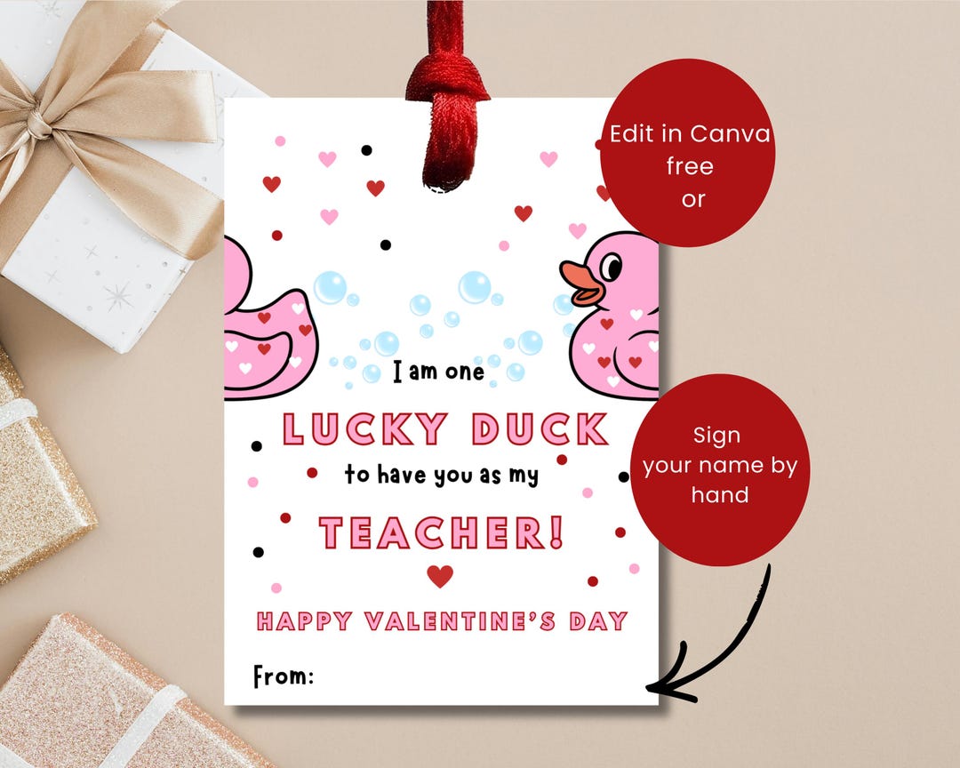 Rubber Duck Teacher Gift Tag, Lucky Duck Non-candy Valentine, One Lucky ...