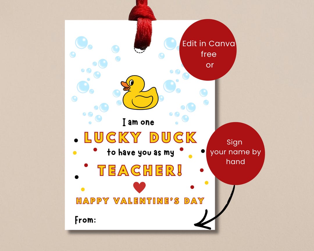Rubber Duck Teacher Gift Tag, Lucky Duck Non-candy Valentine, One Lucky ...