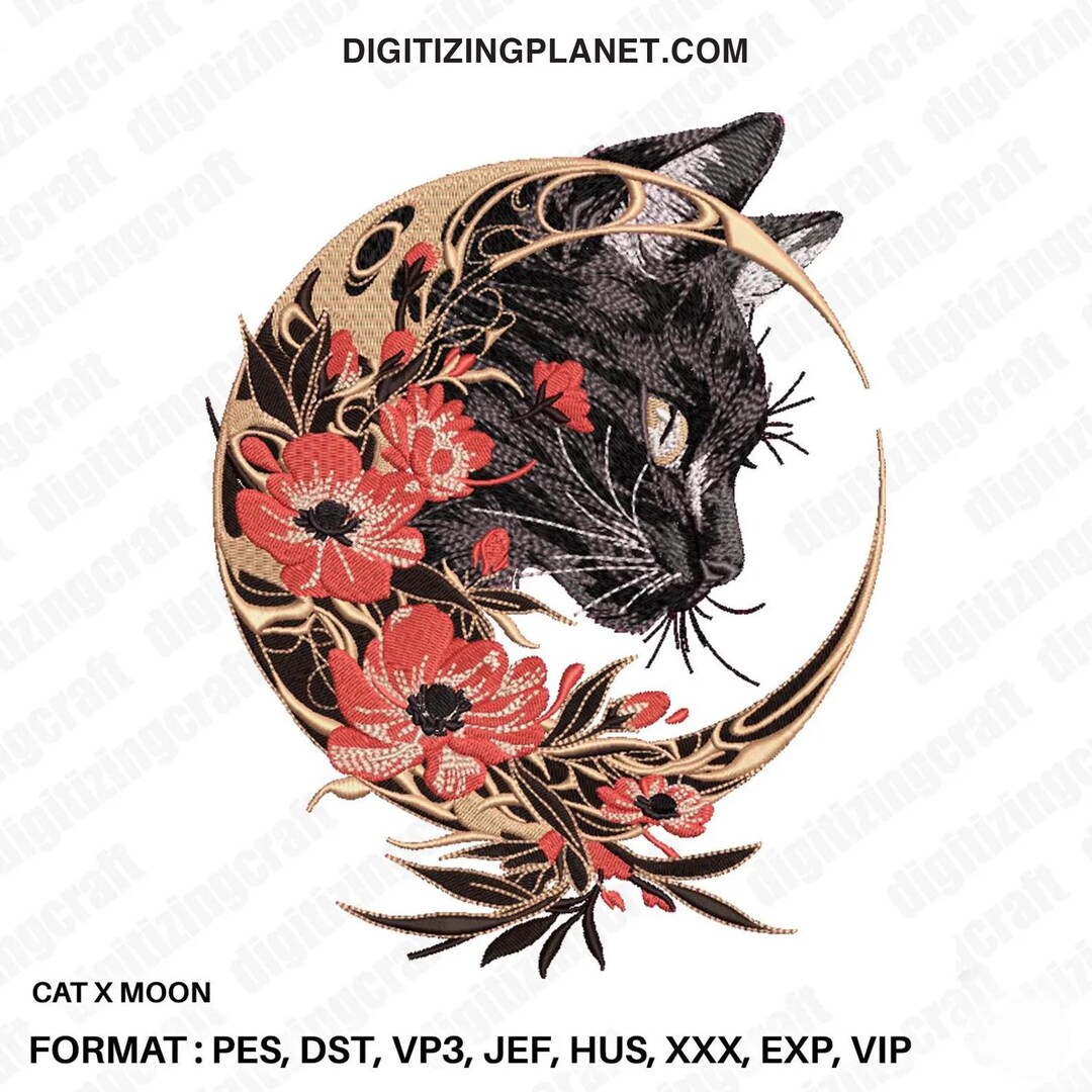 Cat Embroidery Design File,moon and Flower Embroidery Design,machine ...