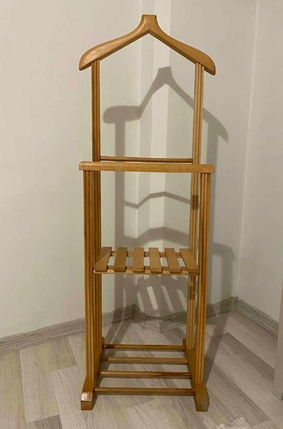 Elegant Dual Valet Stand With Sleek Wood Finish and Side Table ...