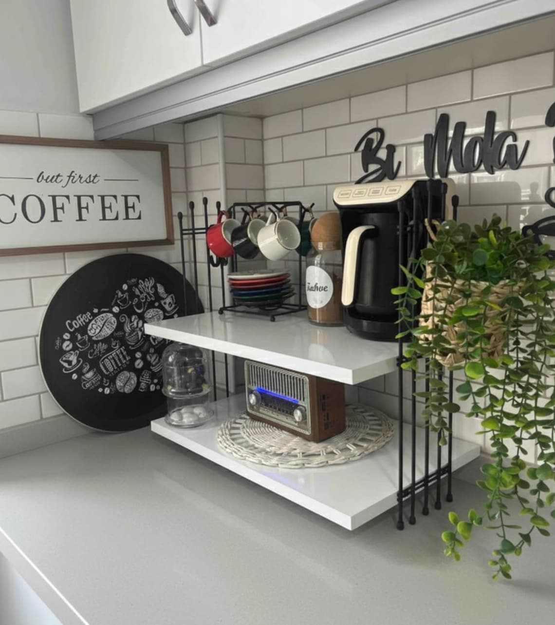 Modern Two Tier Coffee Machine Shelf With Hooks, White Kitchen Counter ...