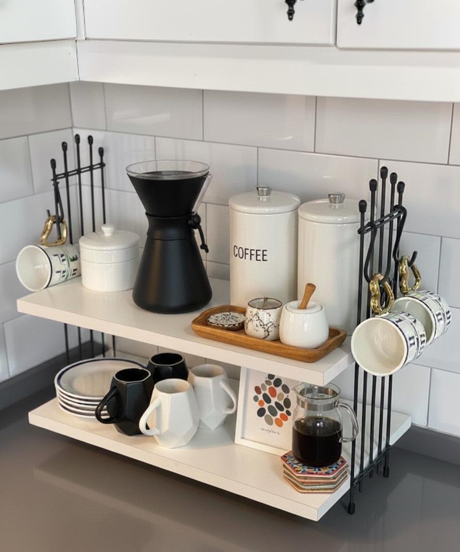 Modern Two Tier Coffee Machine Shelf With Hooks, White Kitchen Counter ...