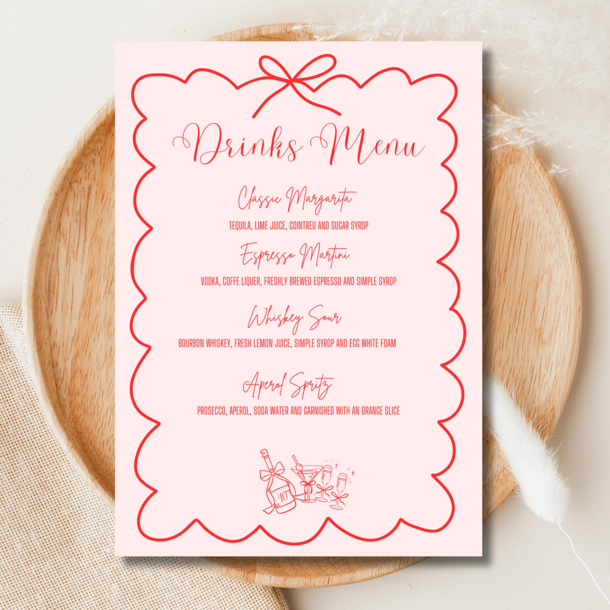 Editable Cocktail Menu Red and Pink Bar Menu Cocktail Party Birthday ...