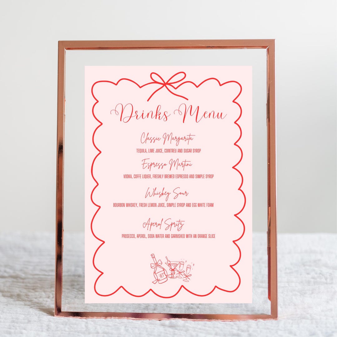 Editable Cocktail Menu Red and Pink Bar Menu Cocktail Party Birthday ...