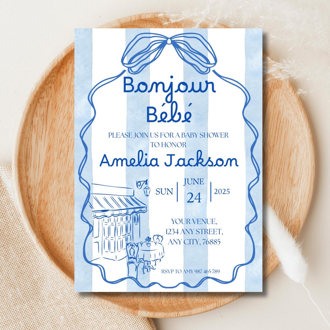 Bonjour Bébé Baby Shower Invitation: Blue White Minimalist (digital ...