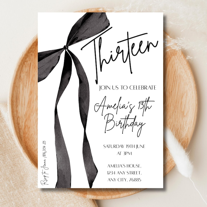 13th Birthday Invitation Template, Black Bow Coquette Invite (digital ...
