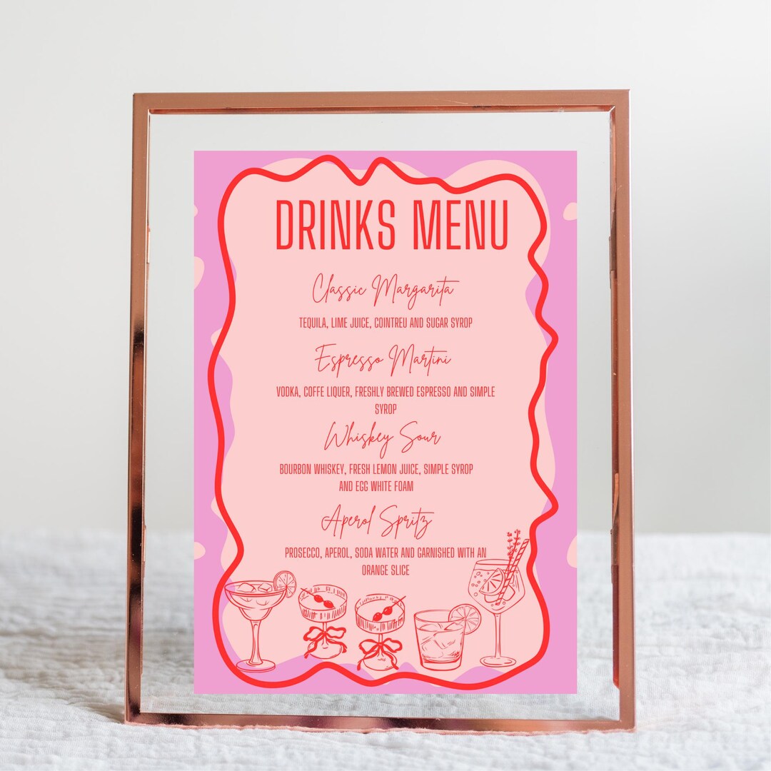 Editable Red and Pink Cocktail Menu Bar Menu Cocktail Party Birthday ...