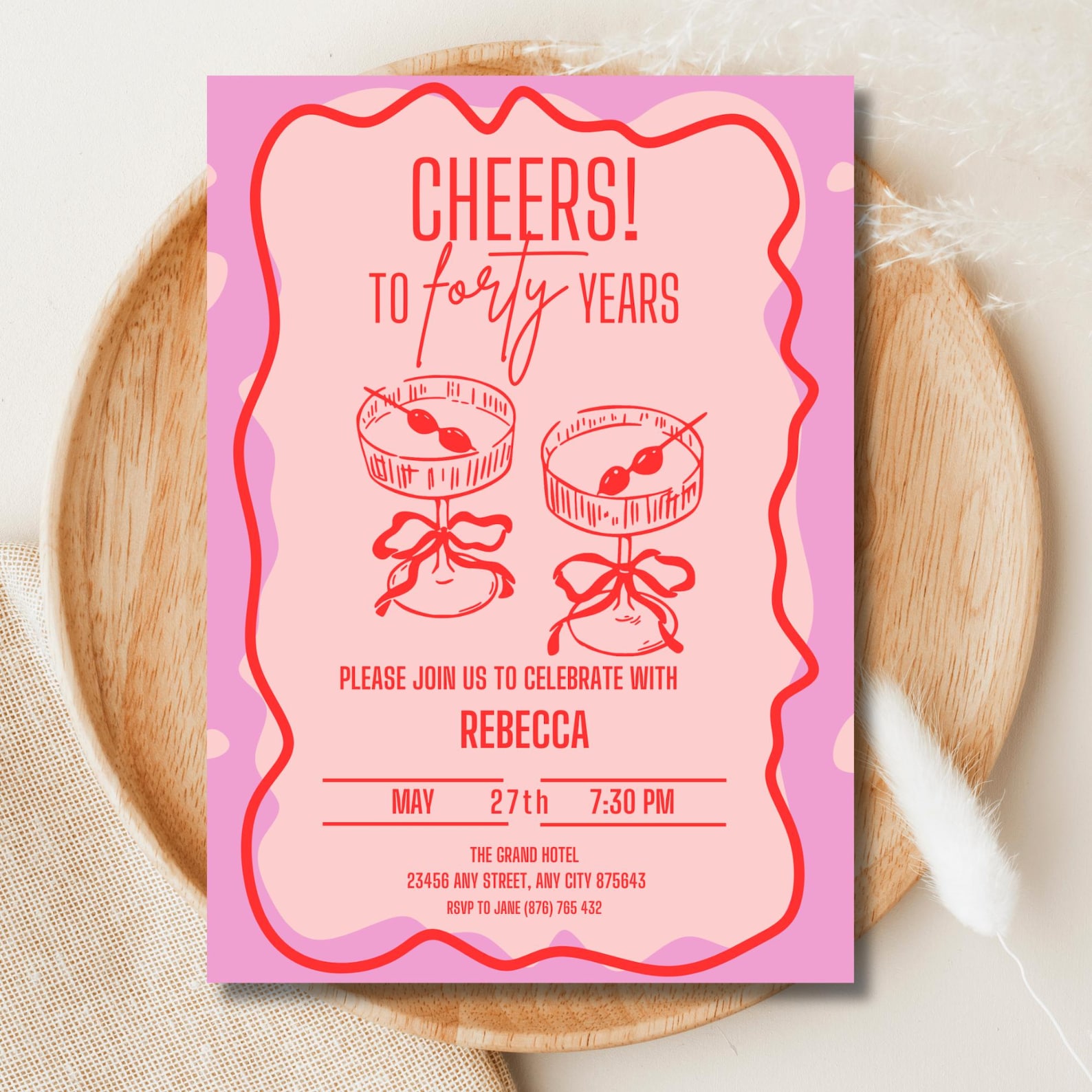 40th Birthday Invitation: Pink & Red Sketch, Cocktails Party (digital ...