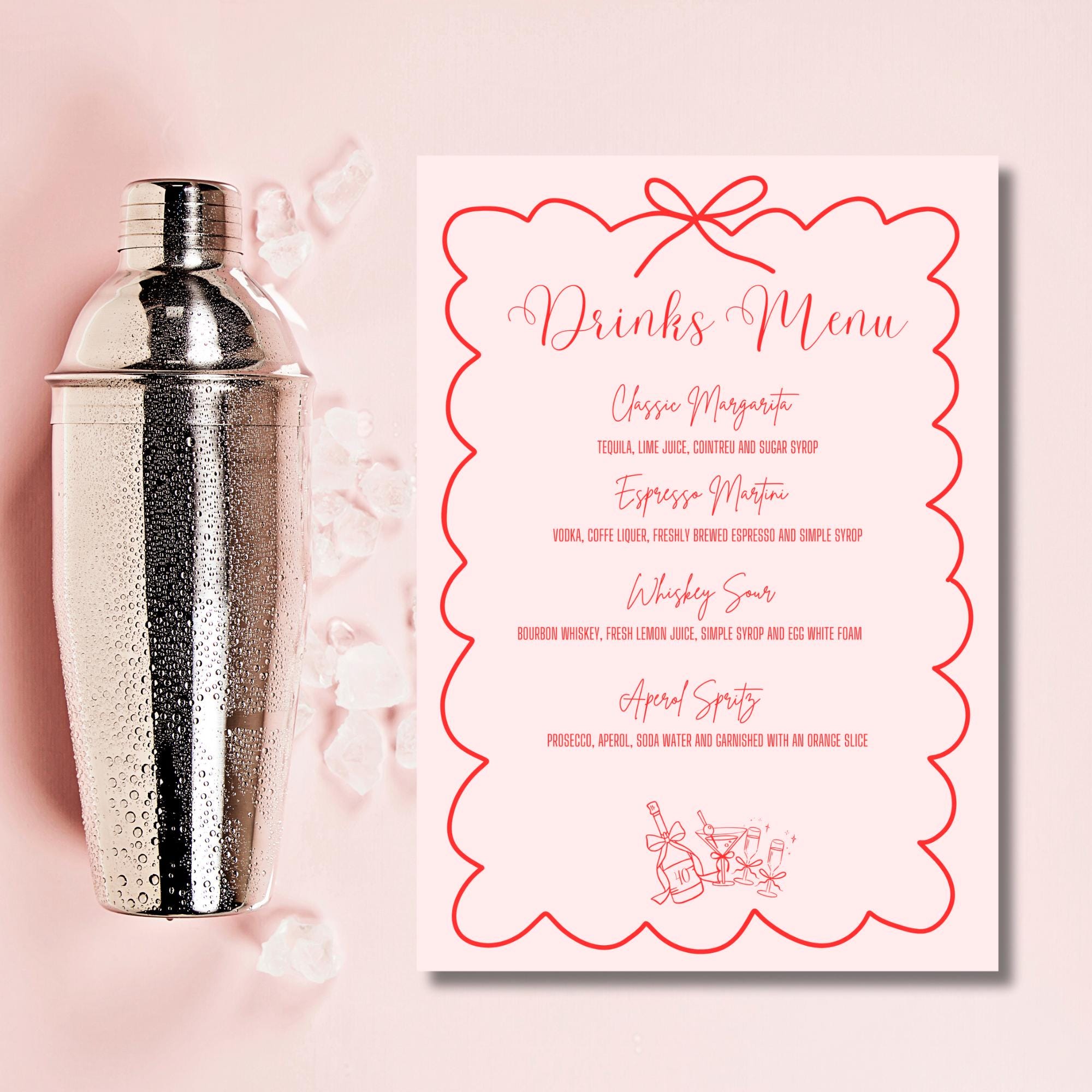 Editable Cocktail Menu Red and Pink Bar Menu Cocktail Party Birthday ...