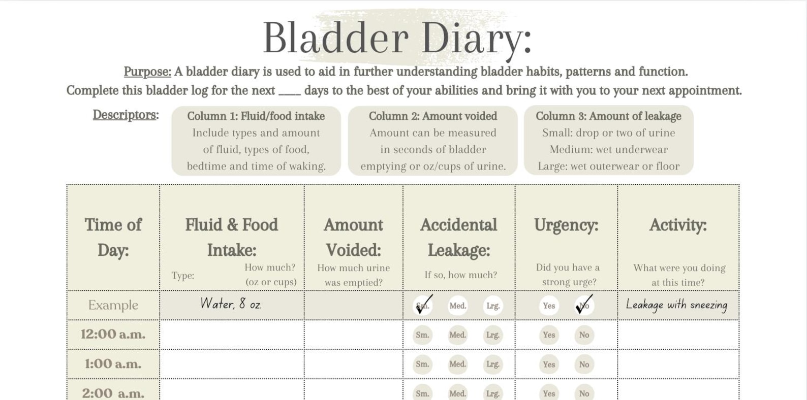 Bladder Diary (printable) *DIGITAL DOWNLOAD* - Etsy