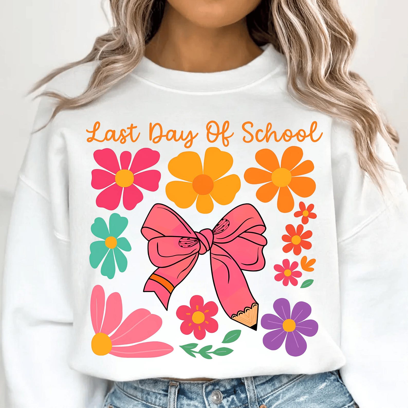 Last Day of School PNG, Pink Bow Pencil and Flowers Sublimation Design ...