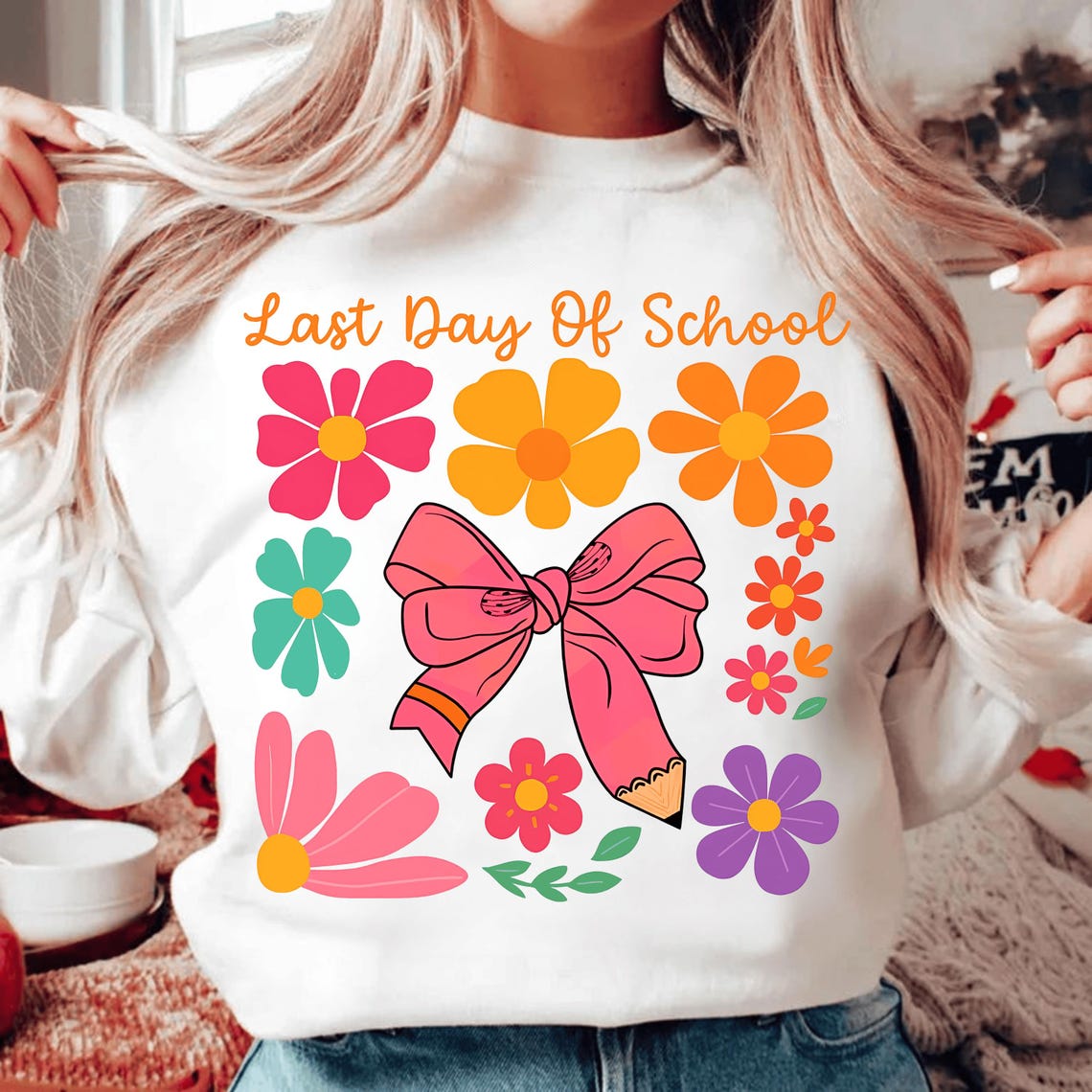Last Day of School PNG, Pink Bow Pencil and Flowers Sublimation Design ...