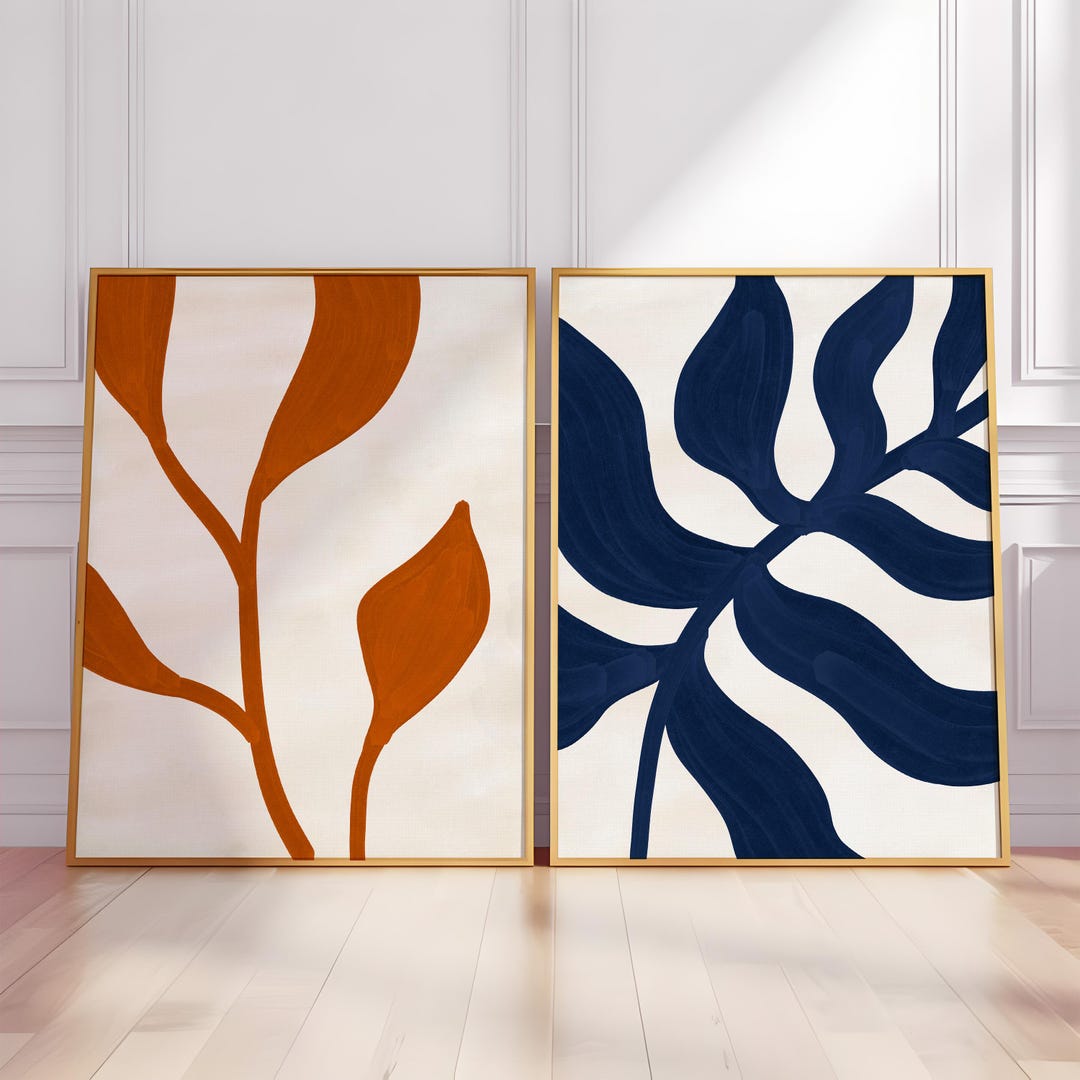 Abstract Burnt Orange and Blue Art, Bold Color Wall Art, Botanical Art ...