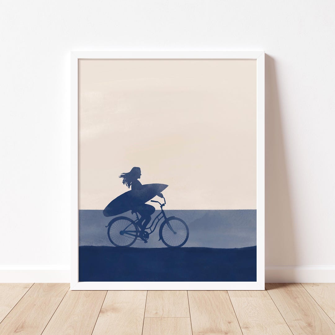 Surfer Girl Print, Minimalist Surf Art, Navy Blue Vintage Surf Poster ...