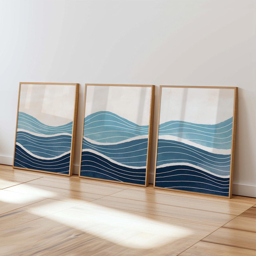 Teal Waves Print Set: Ocean Art Triptych, Waves Line Art, Modern Surf ...