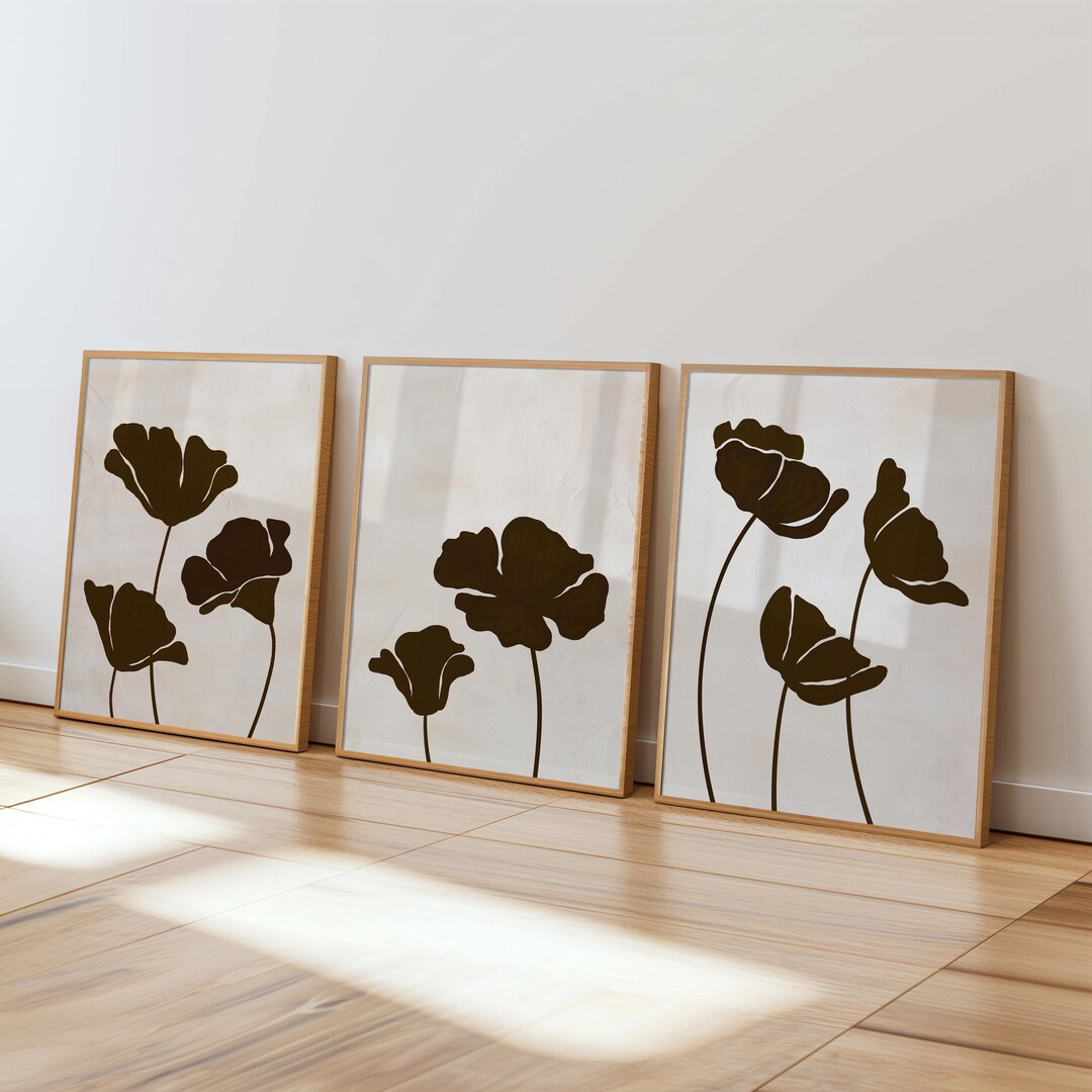 Brown Wild Poppies Art: Botanical Triptych Wall Art, Moody Floral ...