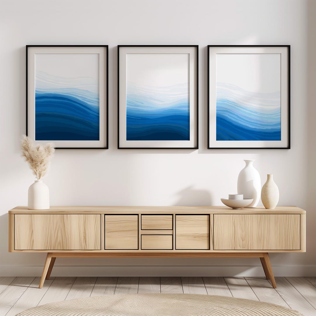 Modern Lakehouse Art: Coastal Print Set, Navy Blue Triptych Wall Art - Etsy