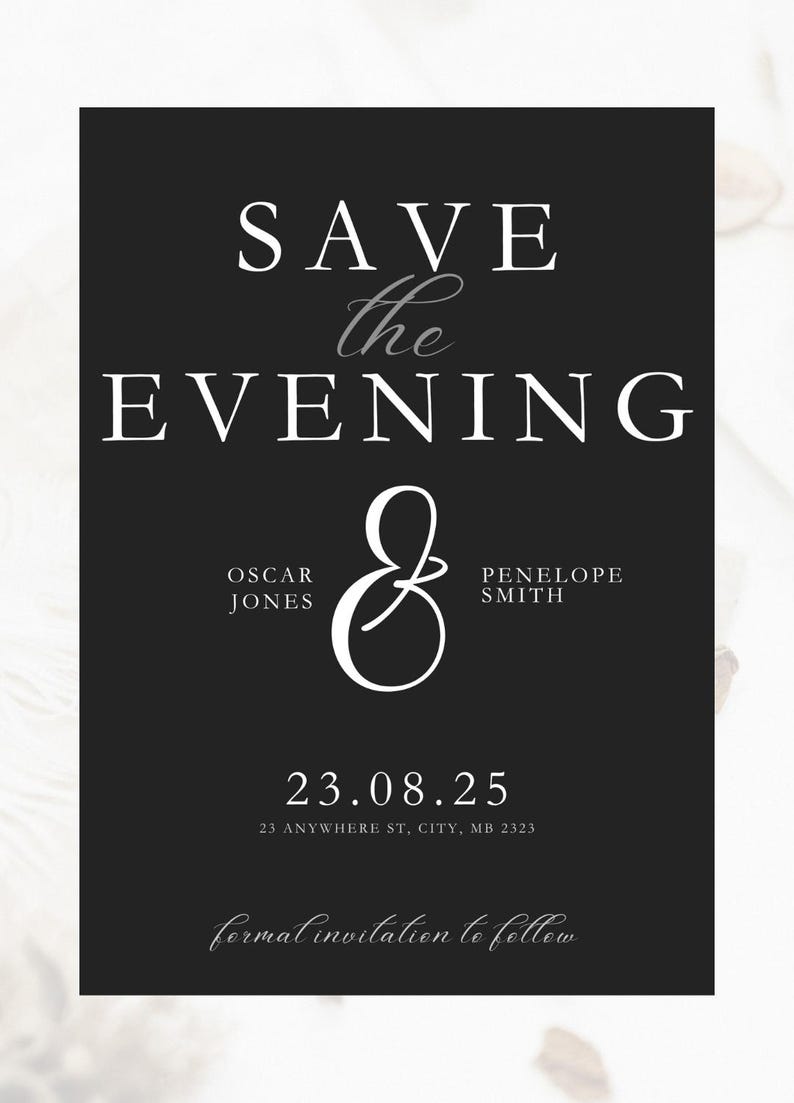 Digital Modern Save the Date & Save the Evening Bundle Black Simple ...