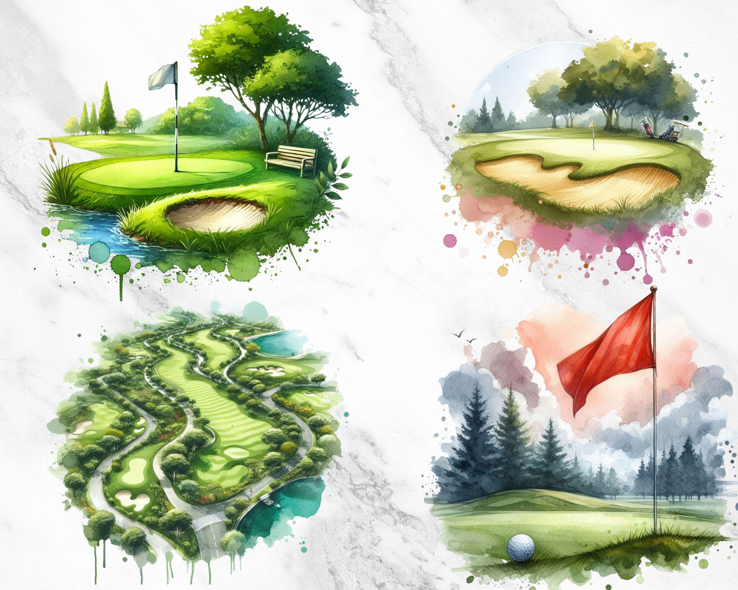 Watercolor Golf Clipart: Golf Club, Cart & Ball PNG Graphics (instant ...