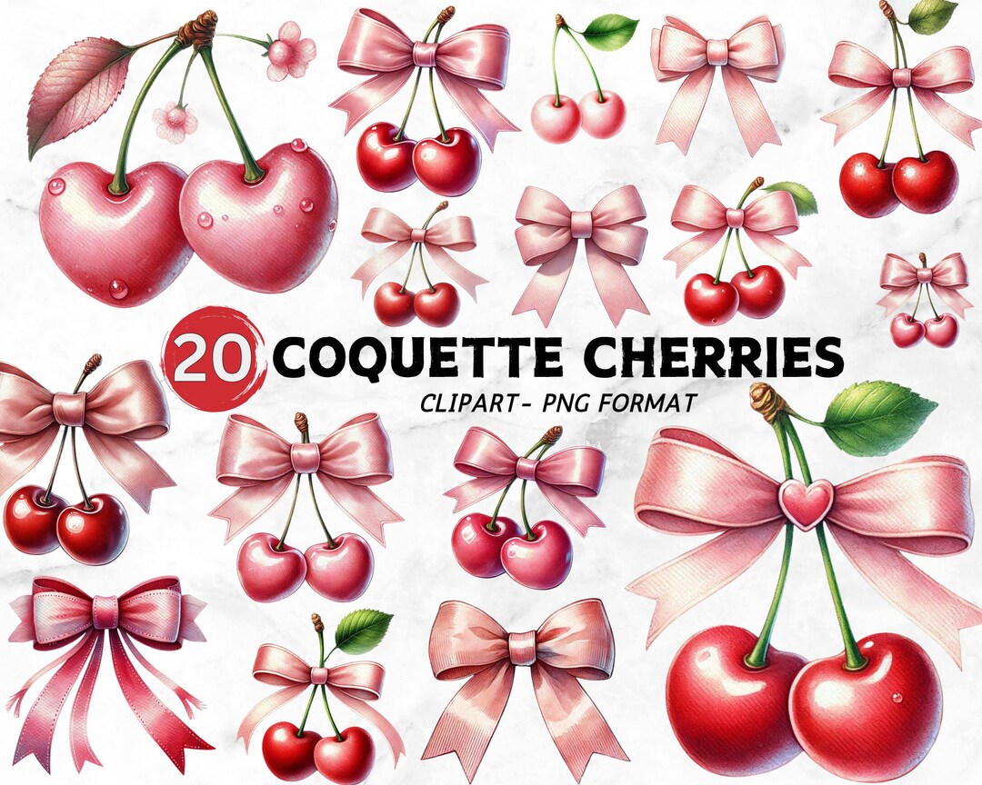 Valentine Coquette Cherries Clipart, Pink Cherry Bow PNG, Watercolor ...