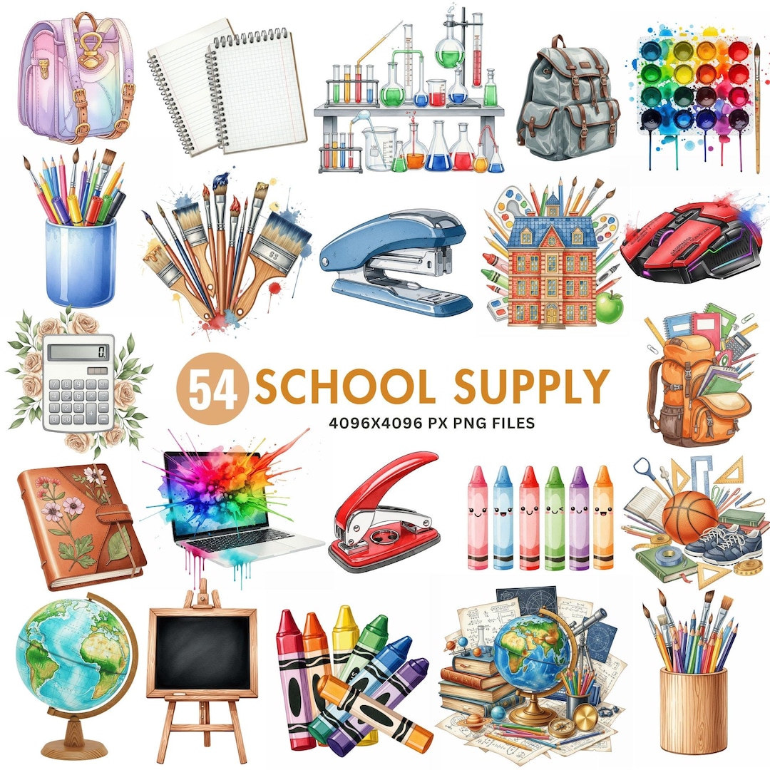 Watercolor School Supplies Clipart: Pastel Classroom Decor (PNG Files ...