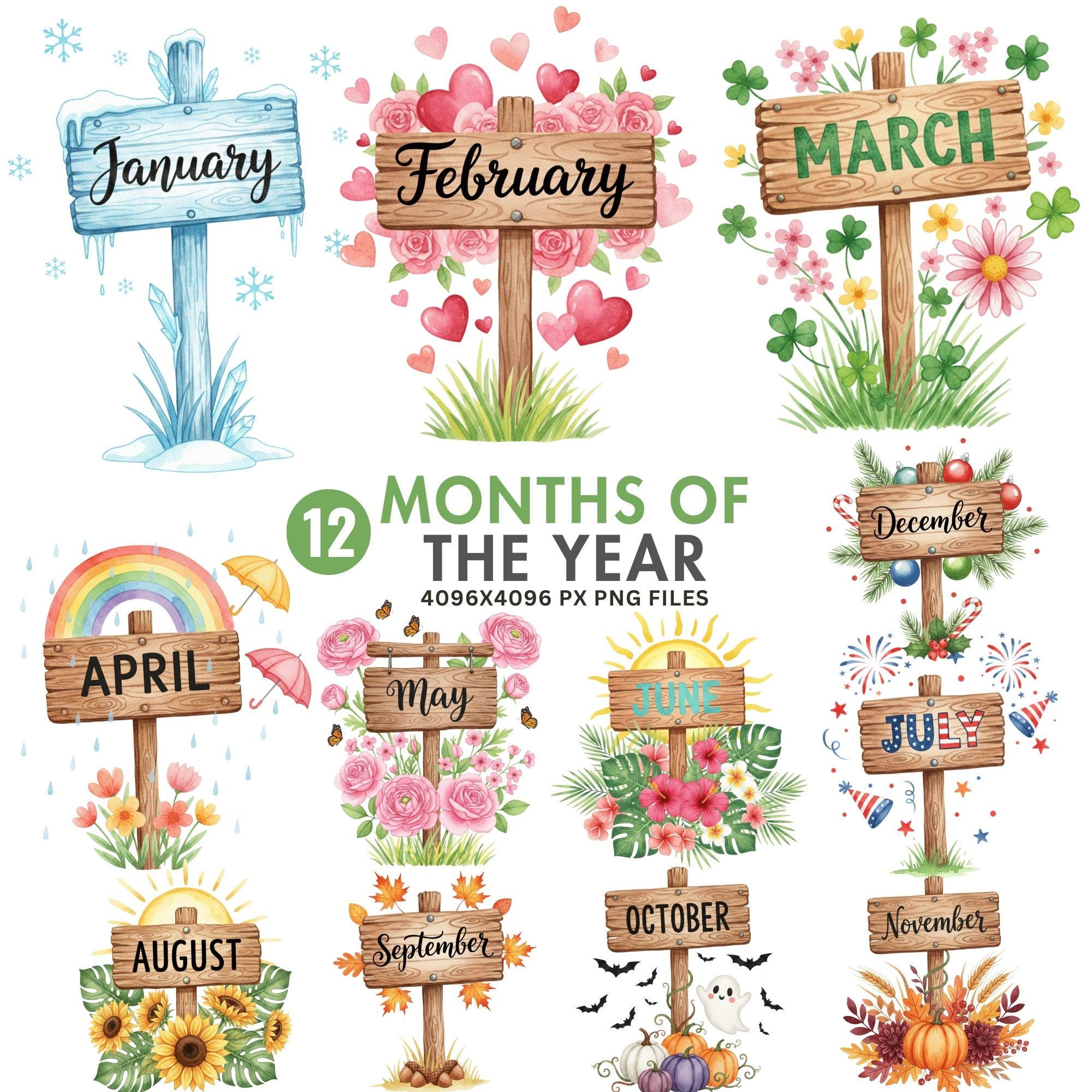 Months of the Year Clipart, Watercolor Months, Planner Clipart ...