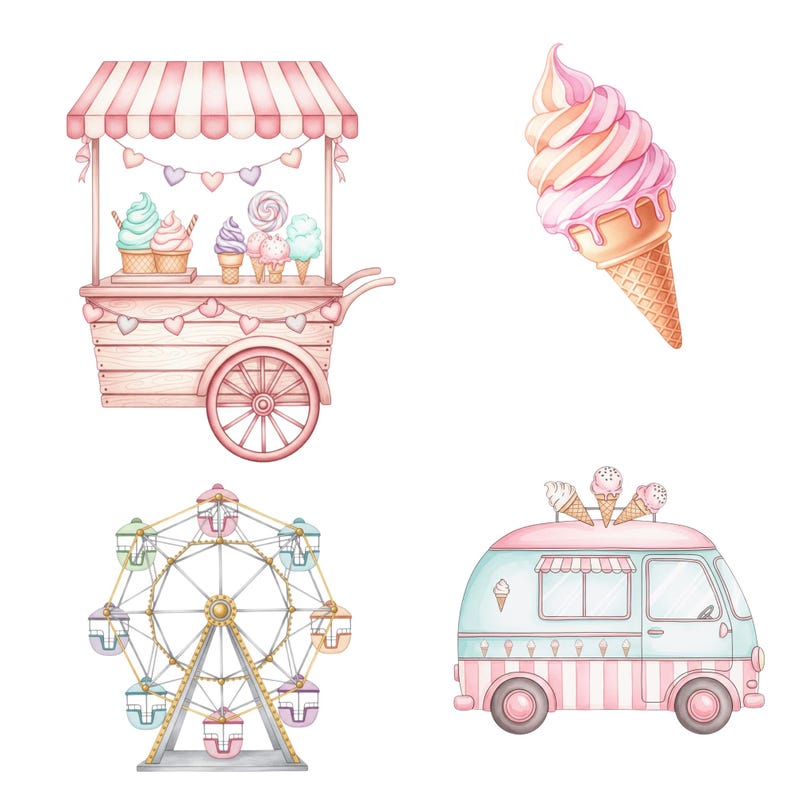 Ice Cream Truck Clipart, Ice Cream Cart Clipart, Watercolor Ice Cream ...
