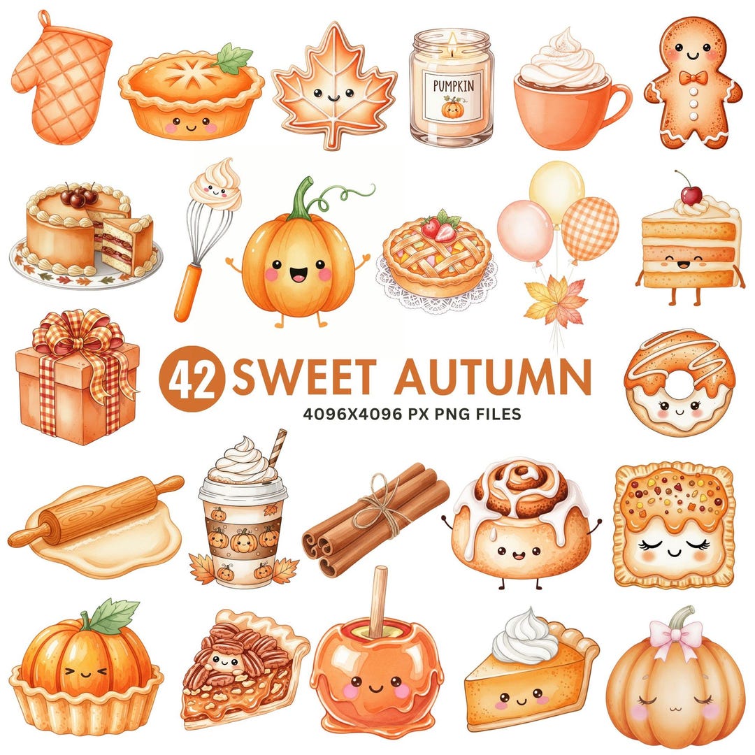 Autumn Sweets Clipart, Watercolor Fall Dessert PNG, Pumpkin Spice ...