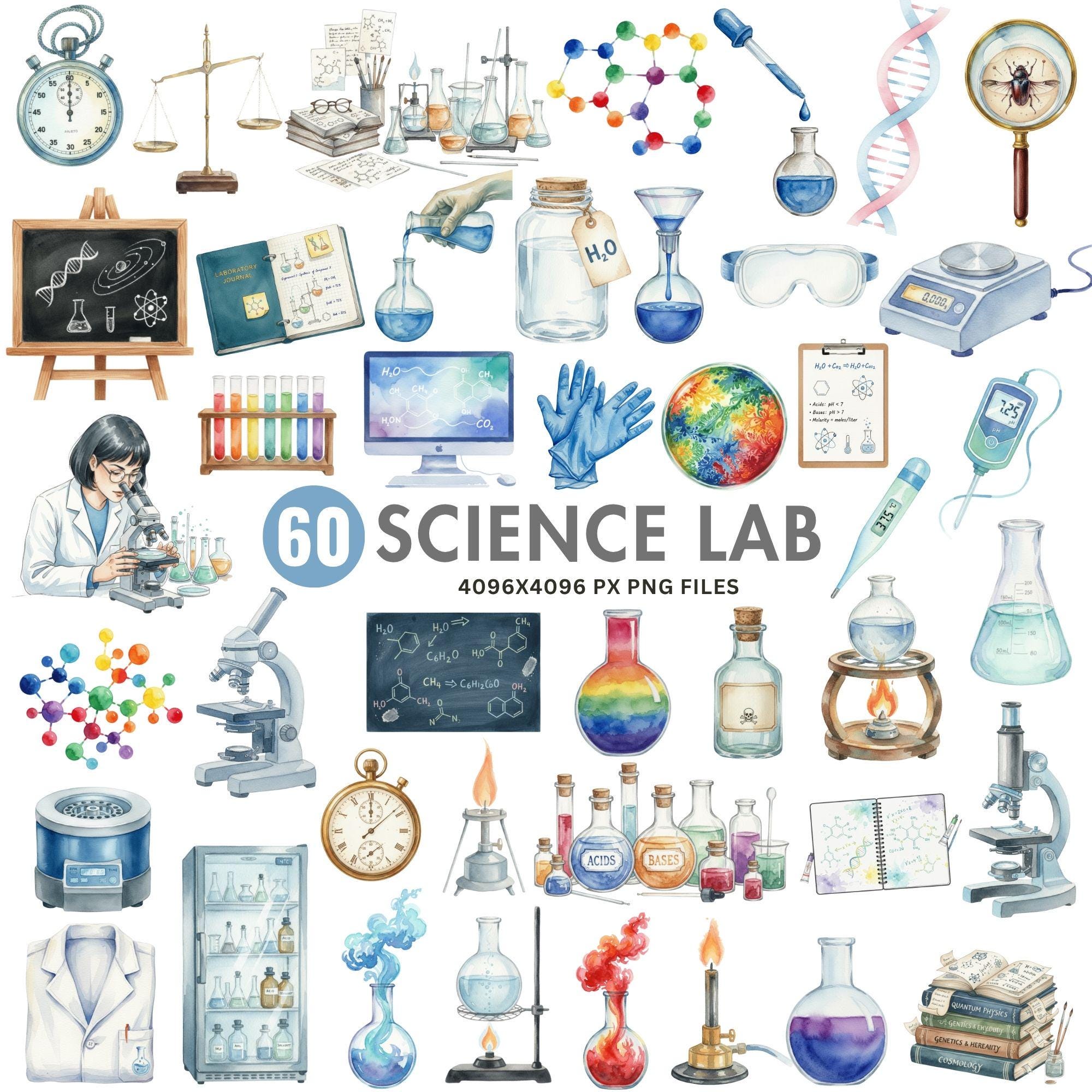 Watercolor Science Lab Clipart, Laboratory Illustrations, Chemistry PNG ...