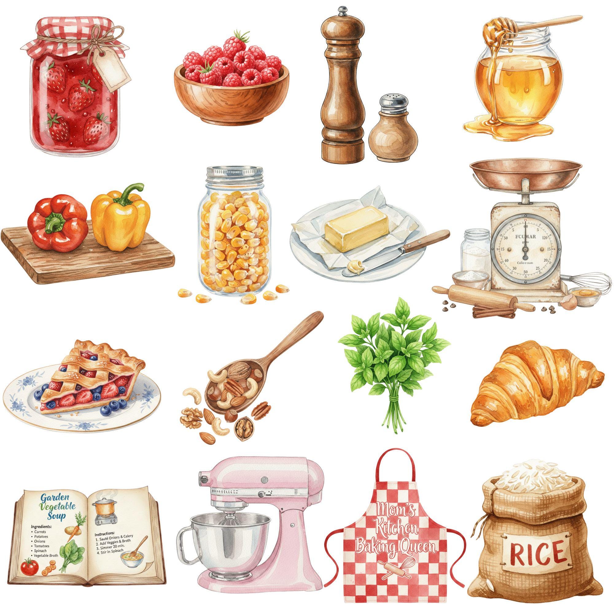 Kitchen Clipart, Baking Clipart, Watercolor Food Bundle, Moms Kitchen ...
