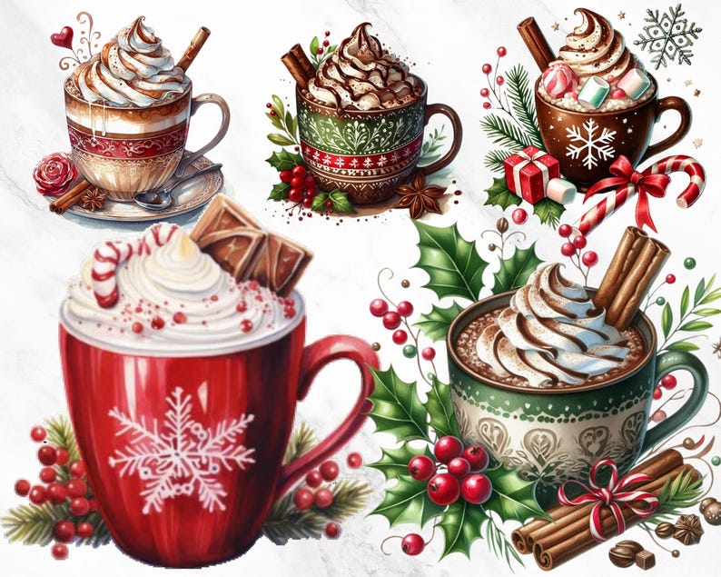 Watercolor Hot Chocolate Clipart: Christmas Cocoa PNG Files (commercial ...