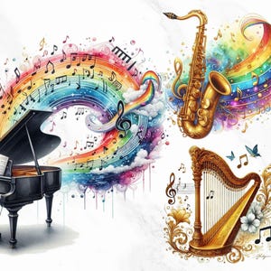 Watercolor Musical Instruments Clipart: Music Notes PNG (digital ...