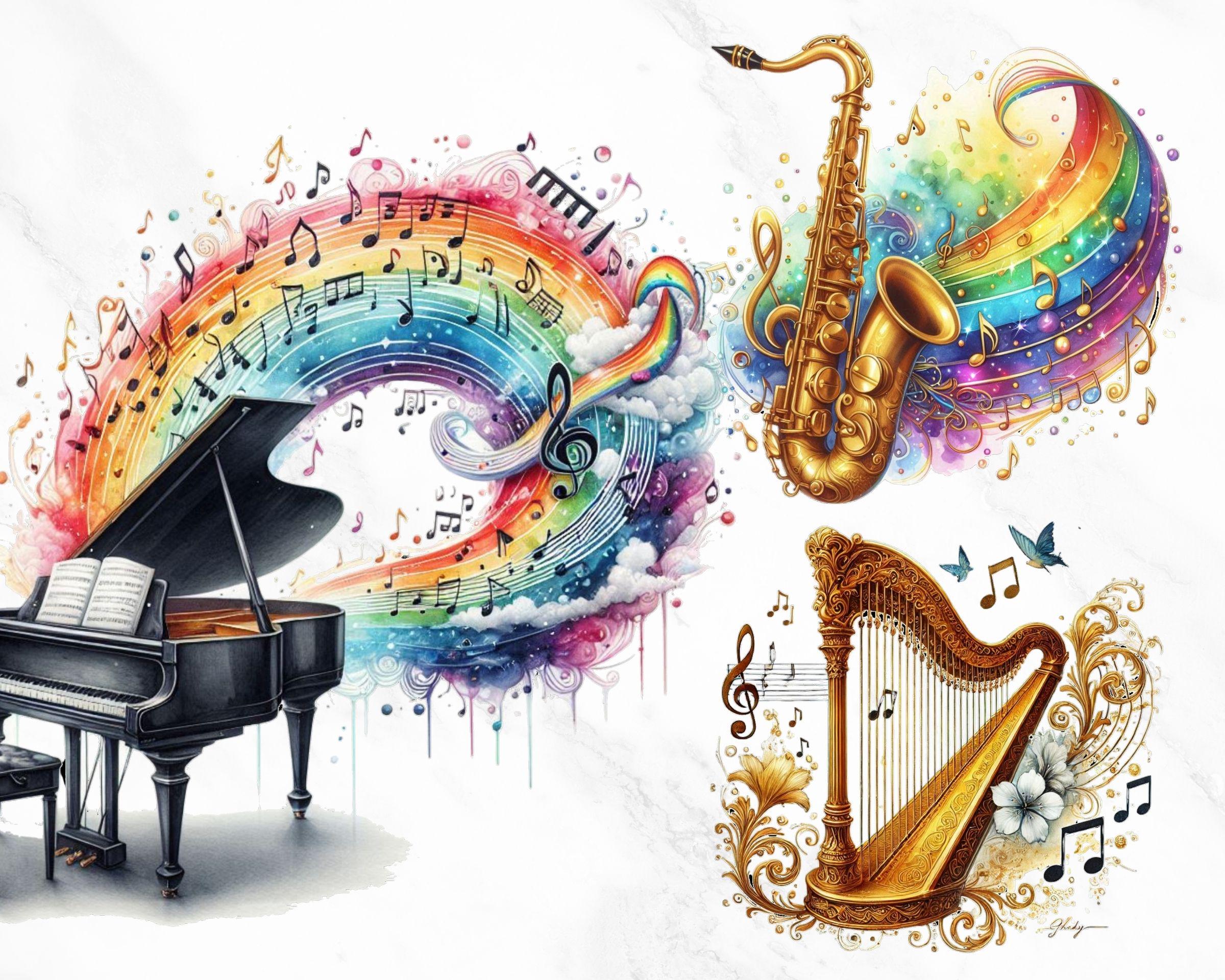 Watercolor Musical Instruments Clipart: Music Notes PNG (digital ...