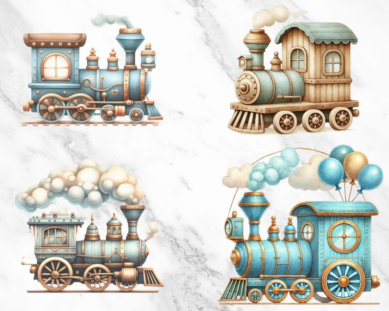 Watercolor Train Clipart Bundle, Blue Train, Rail Wagons, Baby Boy Art ...