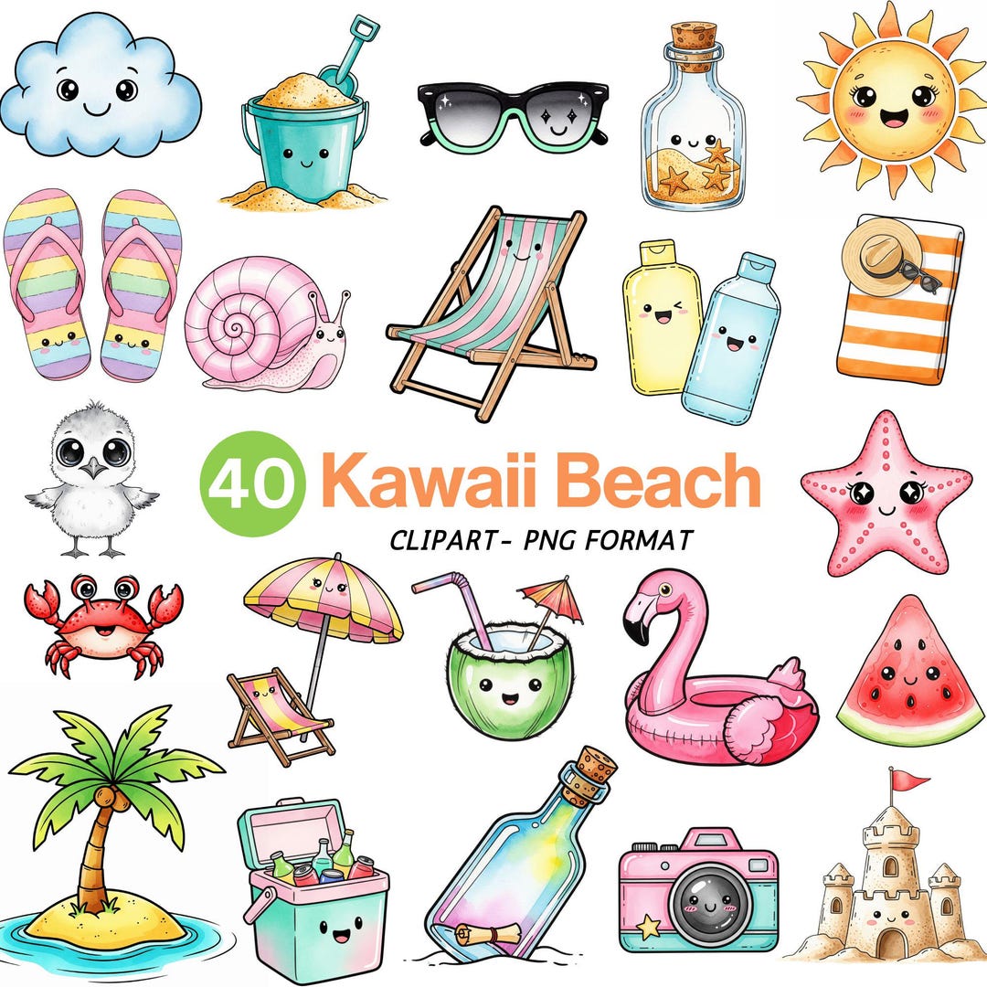 Kawaii Beach Clipart: Pastel Watercolor Summer Graphics (commercial Use ...