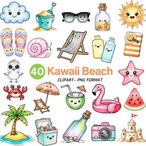 Kawaii Beach Clipart: Pastel Watercolor Summer Graphics (commercial Use ...