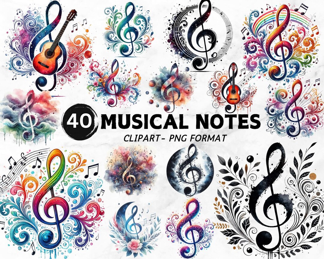 Music Notes Clipart Bundle, Watercolor Music Notes PNG, Treble Clef ...