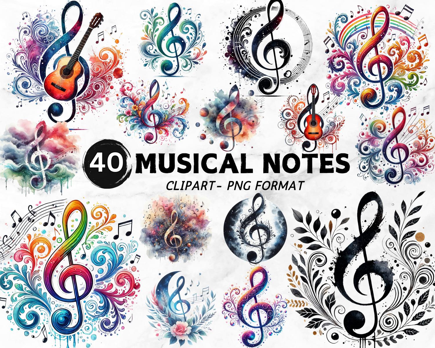 Music Notes Clipart Bundle, Watercolor Music Notes PNG, Treble Clef ...