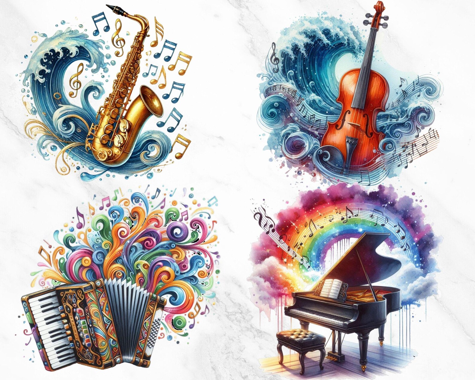 Watercolor Musical Instruments Clipart: Music Notes PNG (digital ...