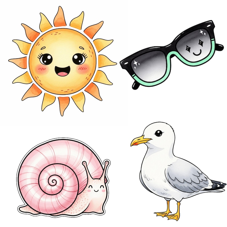 Kawaii Beach Clipart: Pastel Watercolor Summer Graphics (commercial Use ...