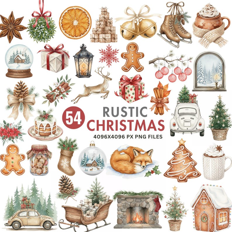Rustic Christmas Clipart Bundle,watercolor Christmas Ornaments, Wreaths ...
