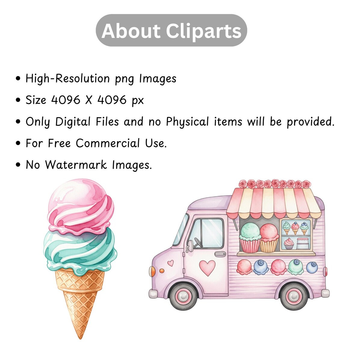 Ice Cream Truck Clipart, Ice Cream Cart Clipart, Watercolor Ice Cream ...