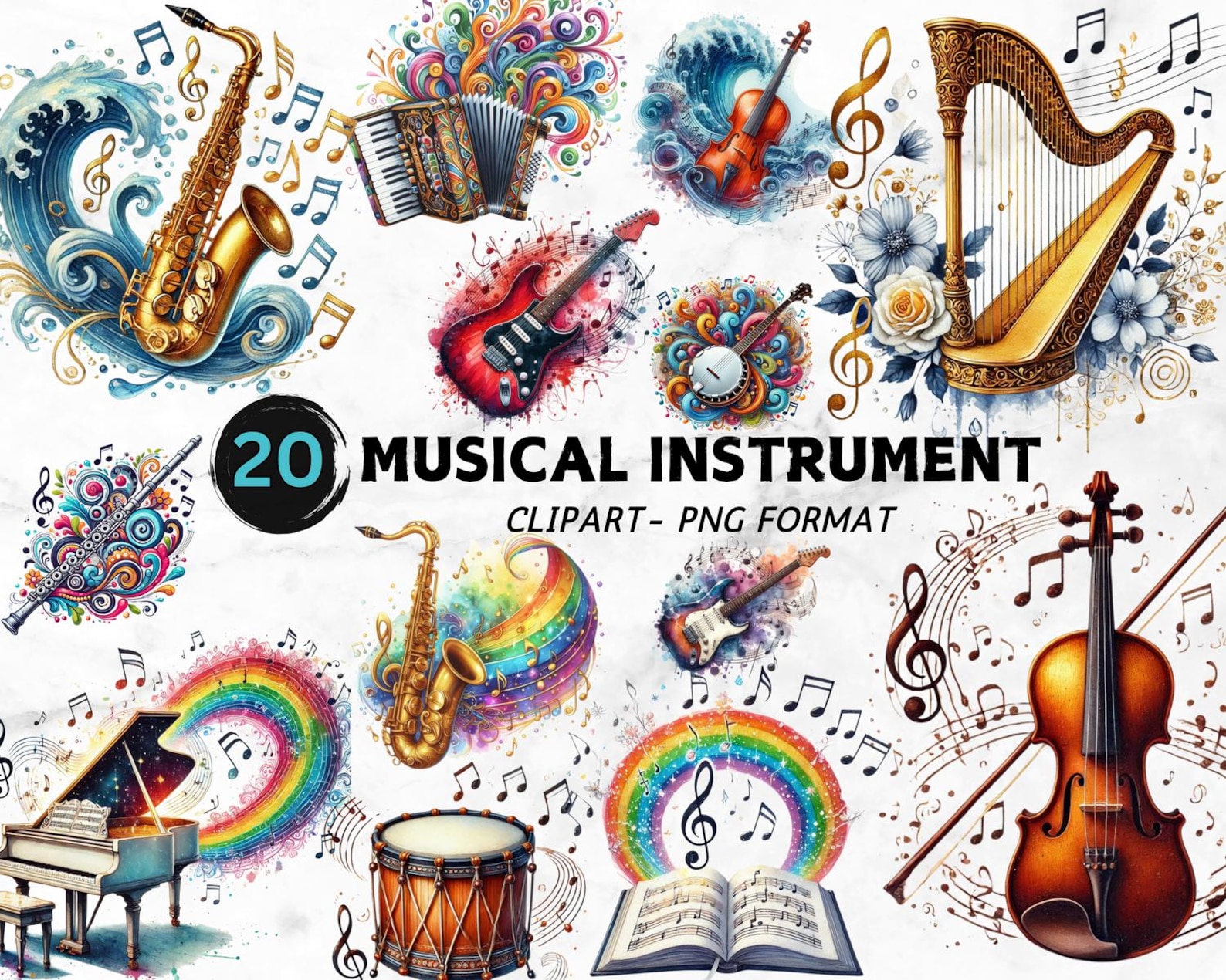 Watercolor Musical Instruments Clipart: Music Notes PNG (digital ...