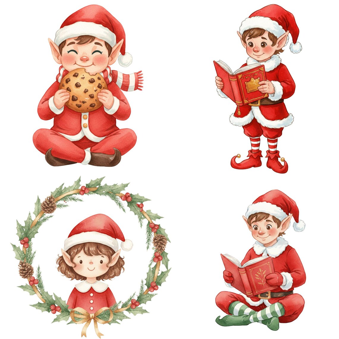 Christmas Elf Clipart, Cute Watercolor Elves PNG, Whimsical Holiday ...
