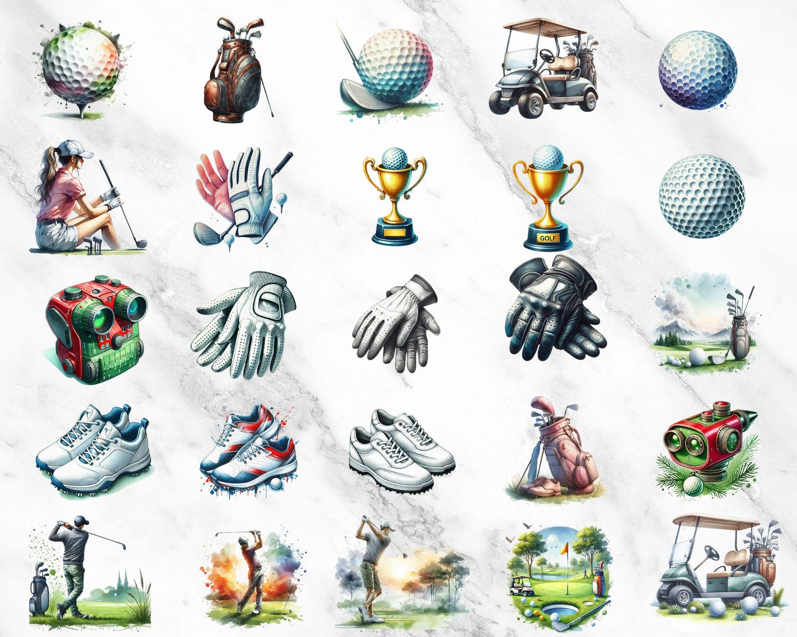 Watercolor Golf Clipart: Golf Club, Cart & Ball PNG Graphics (instant ...