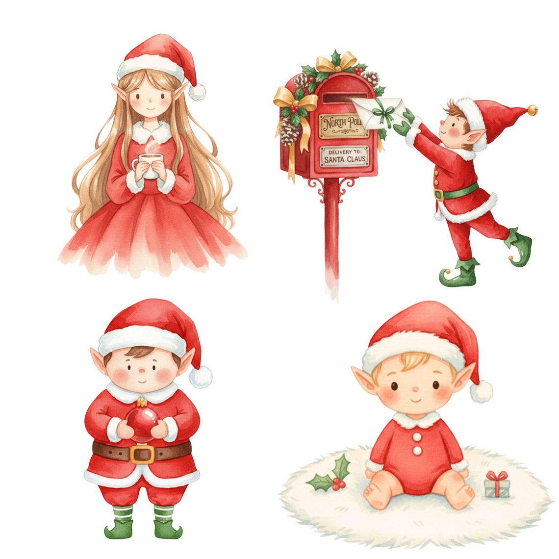 Christmas Elf Clipart, Cute Watercolor Elves PNG, Whimsical Holiday ...