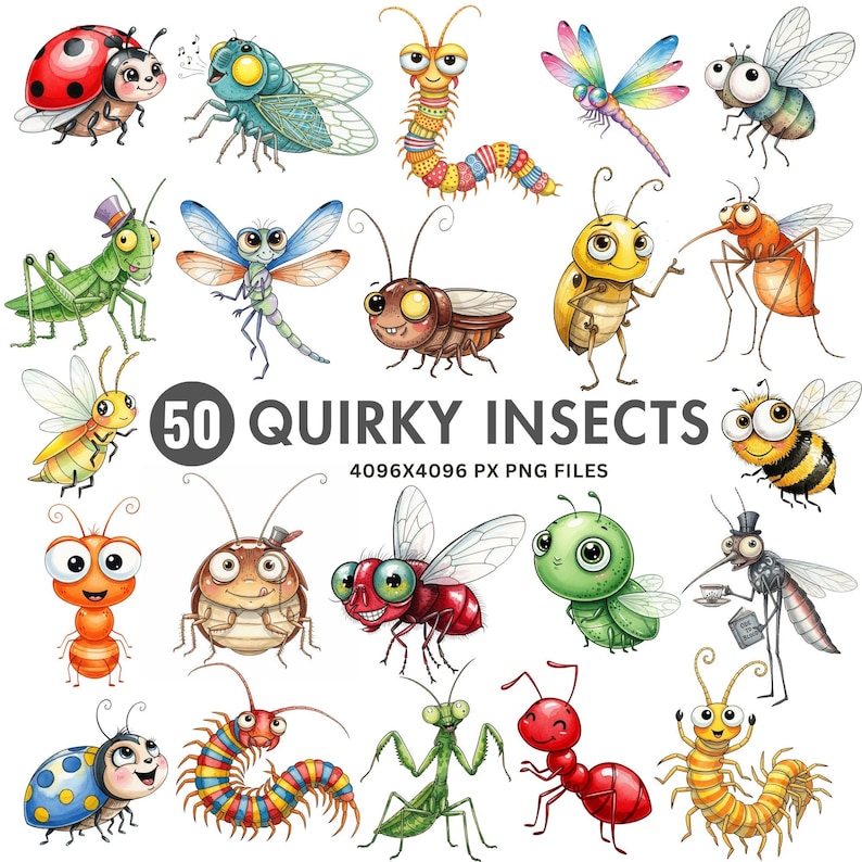 Watercolor Insects Clipart: Whimsical Bugs PNG (digital Download, 50 ...